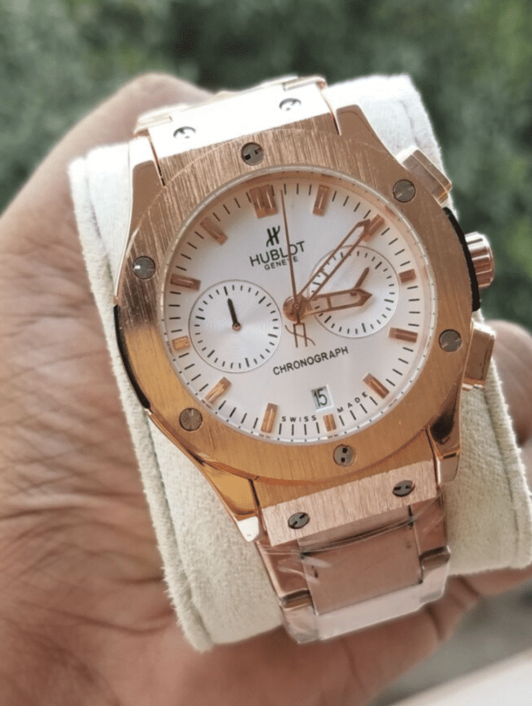 HUBLOT WHITE DIAL GOLDEN CHAIN ( CHRONOGRAPH Works ) – Swiss Shop